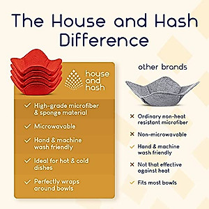 House and Hash - Bowl Holder Warmers  to Keep Food Warm and Your Hands Cool, Made of Microfiber Heat Resistant Fabric for Safe Grabs, Microwavable Bowl Holders, Set of 4 (4, Red)