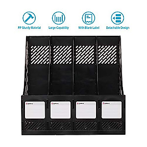 Comix Magazine File Holder, Sturdy Plastic Desk Organizers and Storage File Folder for Office Organization, Binder Organizer with 4 Compartments Storage Organiser Box, Black