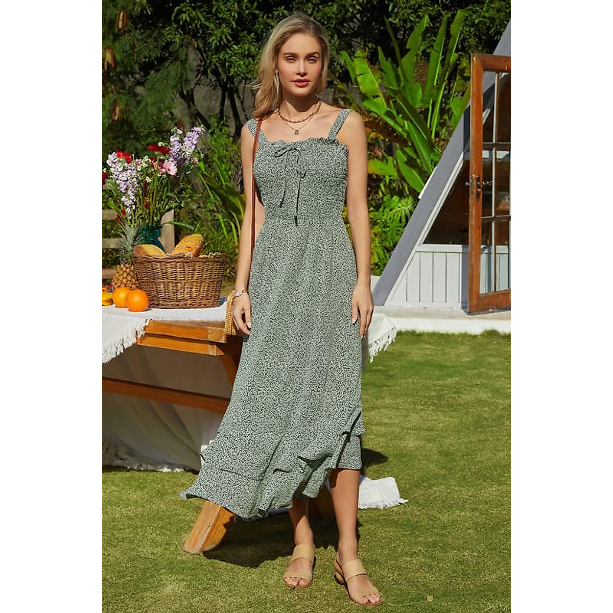 Women's Summer Floral Chiffon Bohemian Long Dress Elegant Square Neck Tie Front Ruffle Aline Maxi Dress Green L