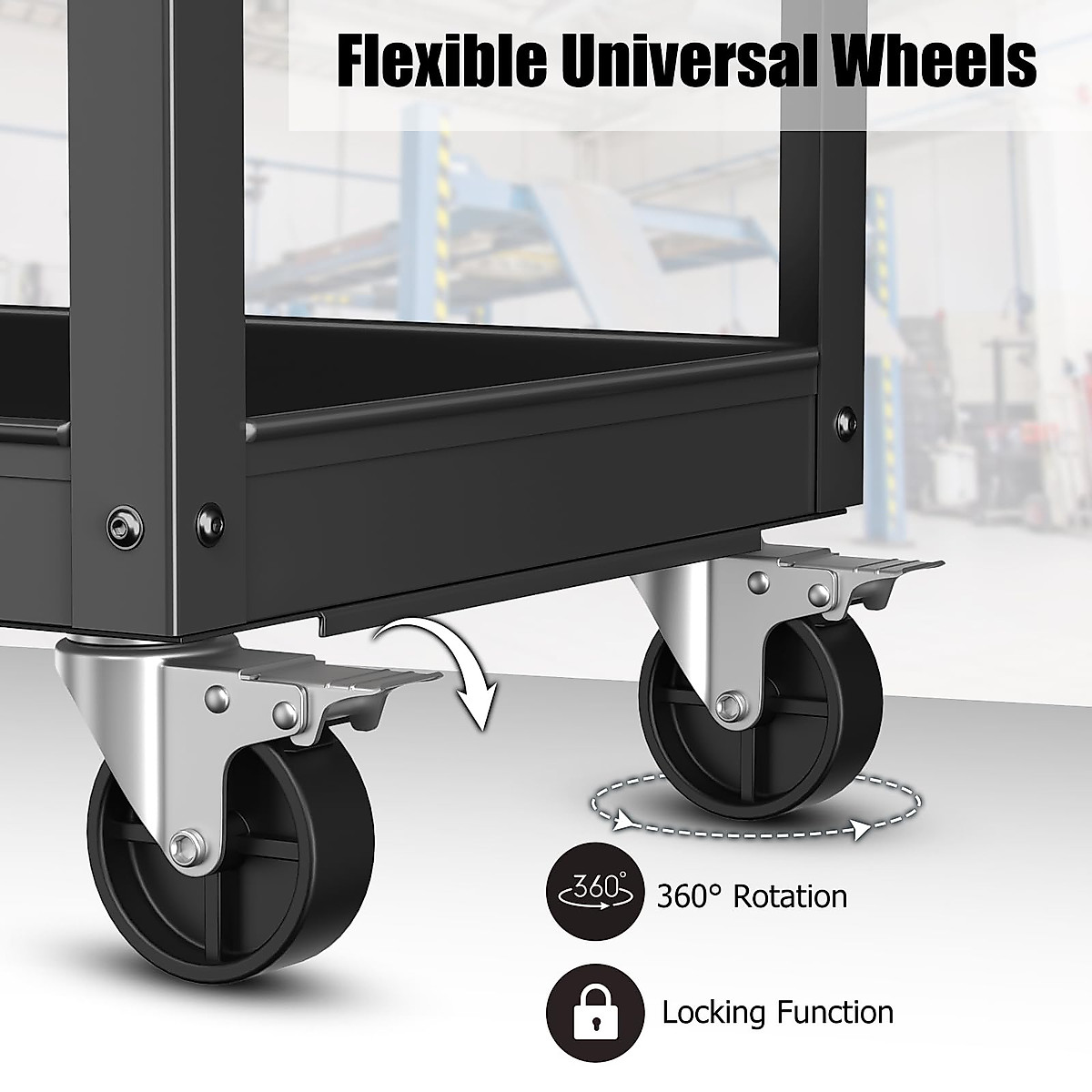 IRONMAX 3-Tier Utility Service Cart, 400 Lbs Heavy Duty Metal Trolley Rolling Cart w/Ergonomic Flat Handle, Lockable 360°Swivel Wheels, Chic Mechanic Tool Cart for Garage Warehouse & Repair Shop