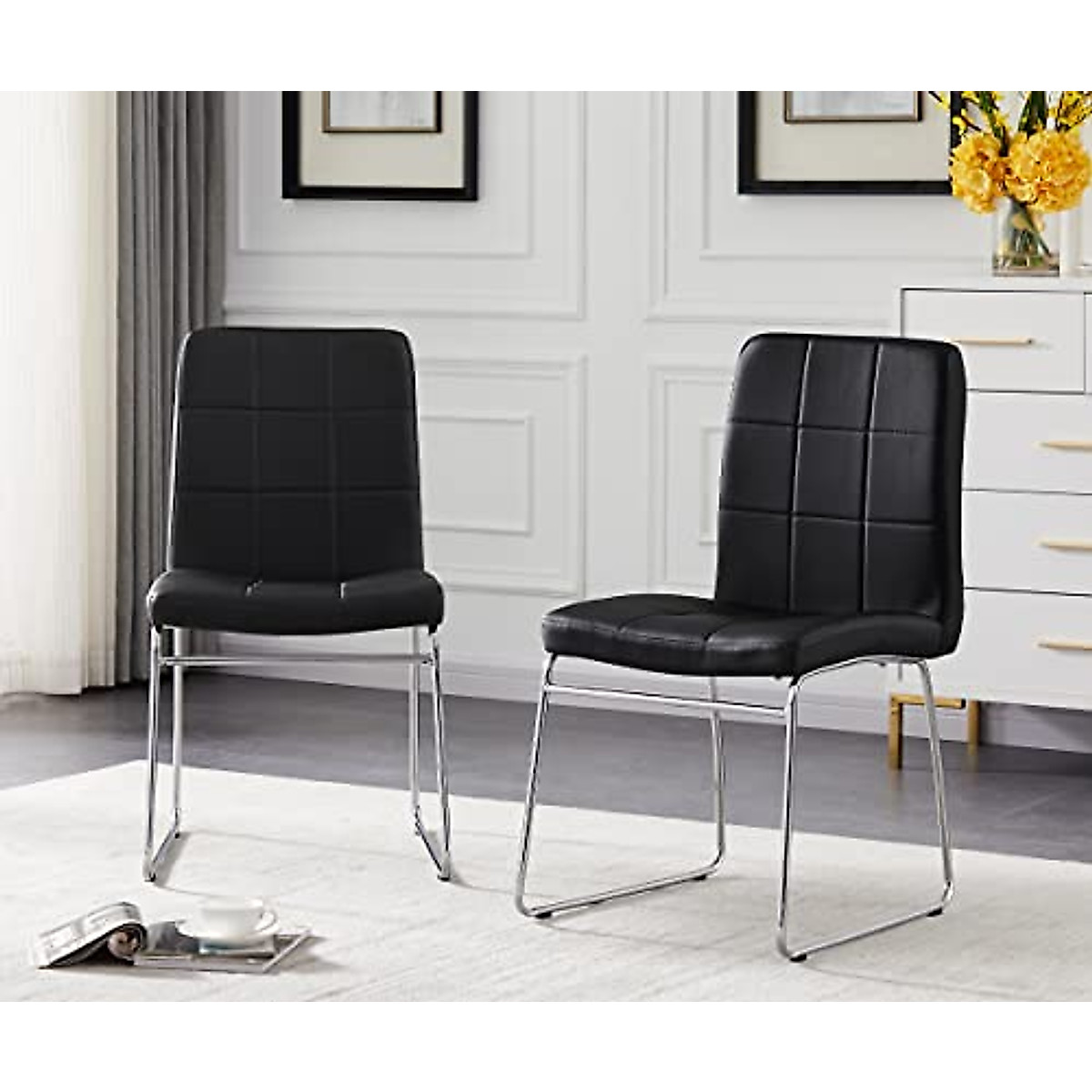 Black Dining Chairs Set of 2 - Sturdy, Fashionable & Multi-Purpose Upholstered Dining Chairs for Dining Room & Kitchen - Easy to Assemble & Clean with Non-Slip Pads by Chrome Alloy Legs