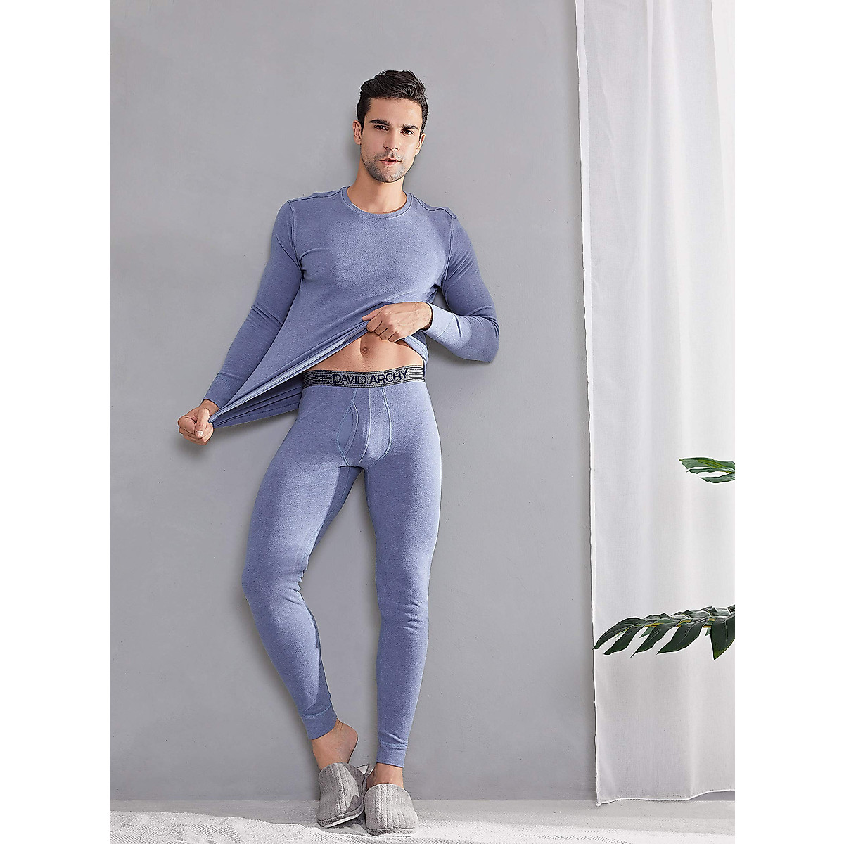 DAVID ARCHY Men's Thermal Underwear Set Winter Warm Base Layers Thermal Top and Bottom Long Johns Set Heather Moonlight Blue,L