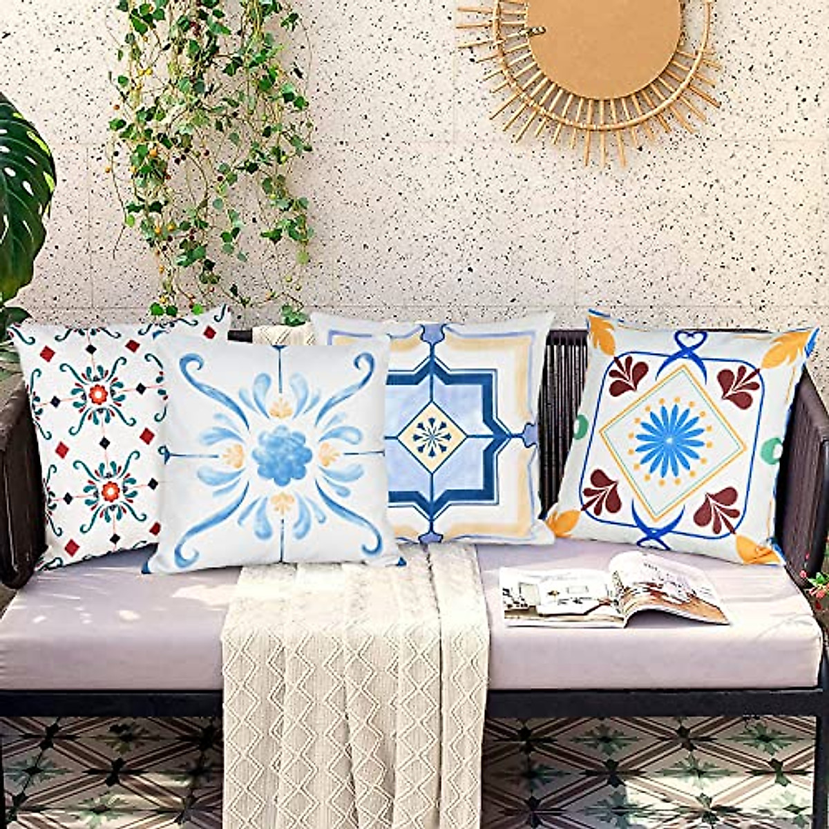 Basic Model Outdoor Waterproof Throw Pillow Covers 18x18 Inch Set of 4, Decorative Floral Cushion Covers for Couch Garden Patio Furniture