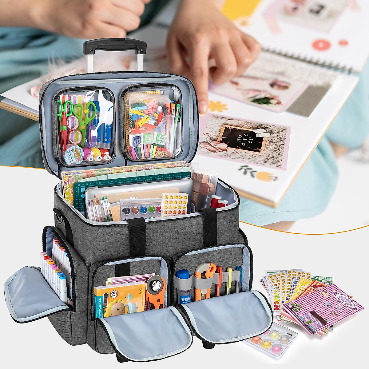 CURMIO Rolling Scrapbook Tote on Wheels, Scrapbook Storage Bag with Detachable Trolley and Bottom Wooden Board, Rolling Craft Bag for Scrapbooking Supplies, Gray