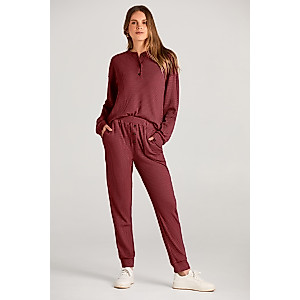 PRETTYGARDEN Women's 2 Piece Waffle Knit Lounge Outfit Long Sleeve Henley Top and Sweatpants Set Tracksuit (Wine Red,Medium)