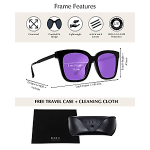 DIFF Bella Designer Oversized Square Sunglasses for Women UV400 Protection, Black + Purple Mirror