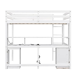SIYSNKSI Full Size Loft Bed with Desk, Wood Loft Bed Frame with LED Light and Bedside Tray, Multi-Storage Loft Bed with Charging Station for Kids Teens Adult Bedroom