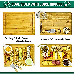 PandPal Bamboo Cheese Board with Knife & Fork Set, Wood Charcuterie Platter & Food Serving Tray for Wine Glasses, Bowls, House Warming Gift, Misoph Collection