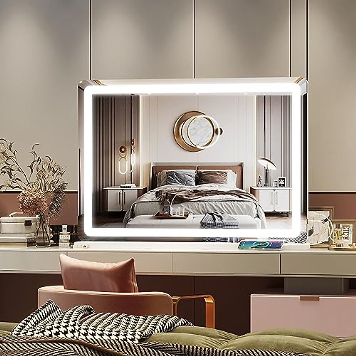 ROLOVE Vanity Mirror with Lights, 32" x 22" Large Lighted Vanity Mirror with Dimmable 3 Modes, LED Makeup Mirror with Detachable 10X Magnification, Touch Screen Control, for Makeup Desk, Dressing Room