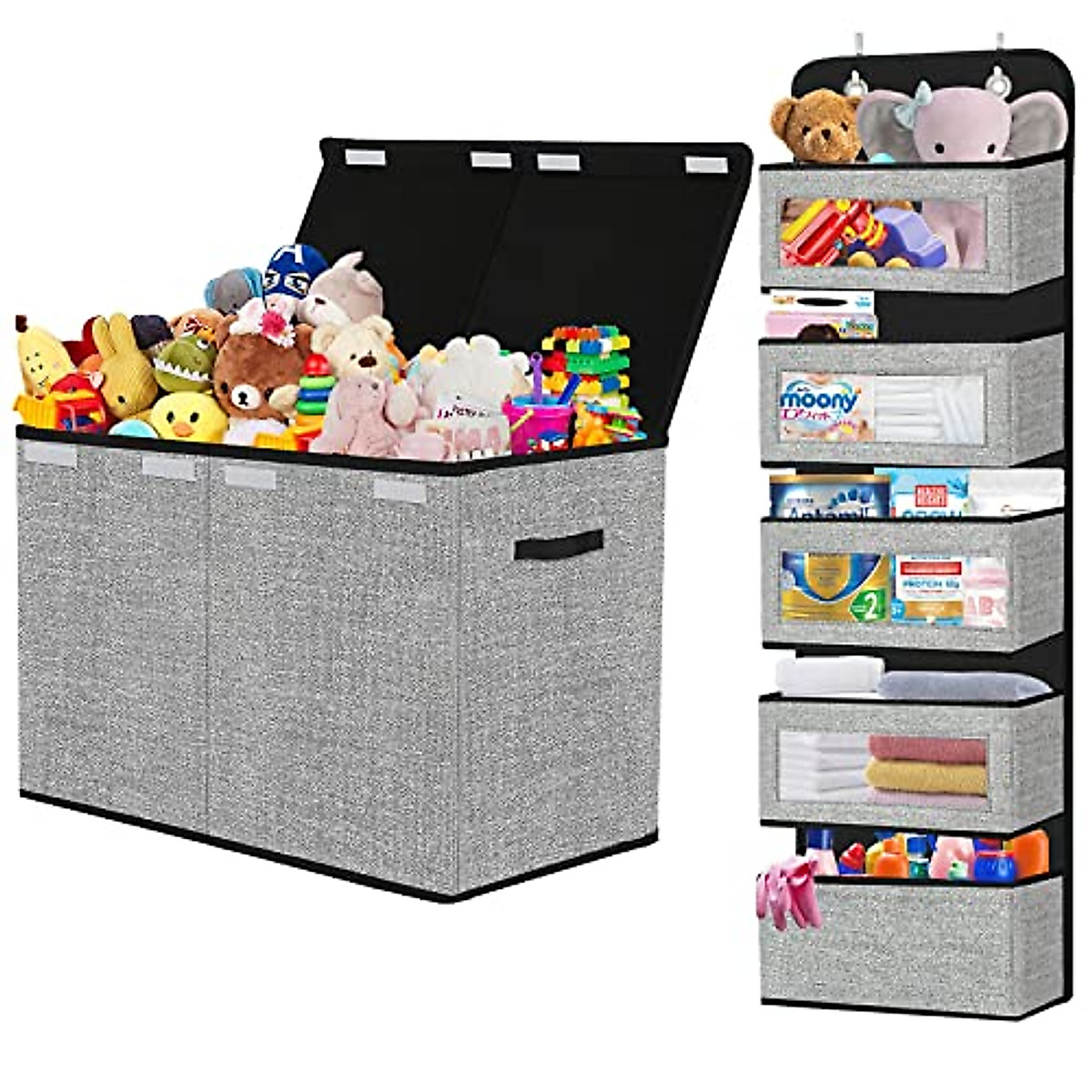 JAYSDAYLY Over the Door Hanging Organizer Storage with 5 Large Pockets 1 Pcak + 1 Pack Collapsible Large Toy Box Storage with Lid for Closet,Nursery,Playroom,Pantry