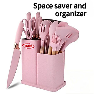 Cooking Utensils Set, 19-Piece Silicone Utensil and Knife Set with Block, Including 11 Silicone Utensils, 5 Stainless Steel Knives, Scissors, Kitchen Utensils Block and Cutting Board by ITZZO-Pink