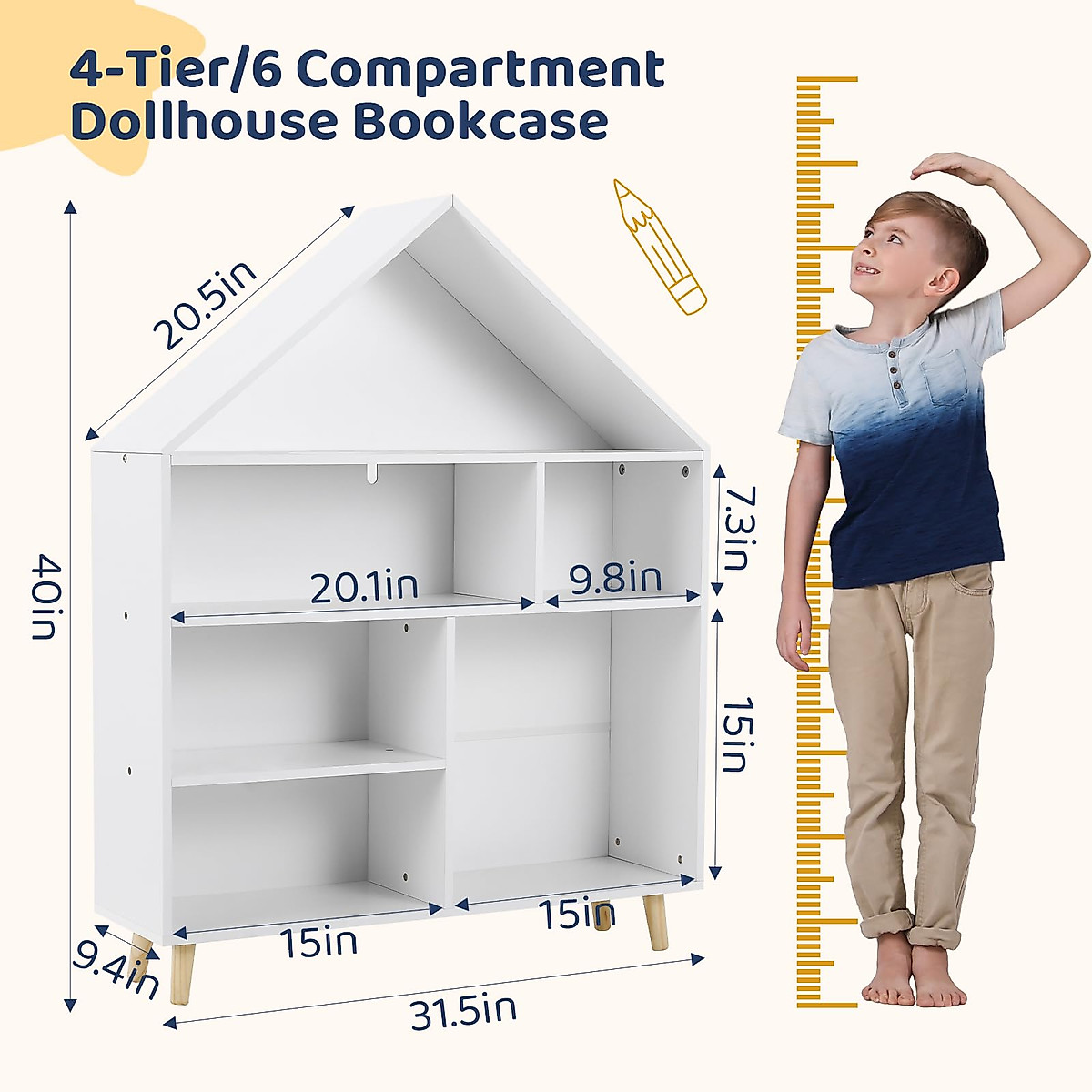 Arlopu Kids Bookshelf Toy Organizer, Wooden Dollhouse Bookcase, 6-Section Toddler Toy Storage Cabinet, Freestanding 4-Tier Display Book Shelves, for Playroom, Bedroom, Daycare, White