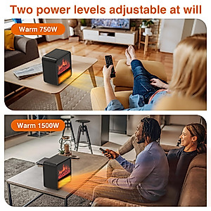 Small Portable Space Heater for indoor use with realistic 3D flame, Mini Electric Fireplace Heater with Thermostat, 1500W/750W PTC Ceramic Heating, Tip-Over Safety Switch, Black