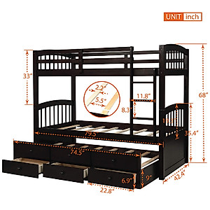 P PURLOVE Twin Over Twin Bunk Bed with Ladder, Wood Bunk Bed Frame with Wooden Slat Support, No Box Spring Needed (Espresso)