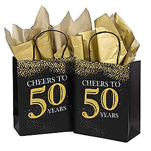WRAPAHOLIC Medium Size Gift Bags - 12 Pack Cheers to 50 Years Black and Gold Glitter Paper Bags with Gold Tissue Paper for Birthday, Party, Anniversary, Wedding - 8" x 4" x 10"