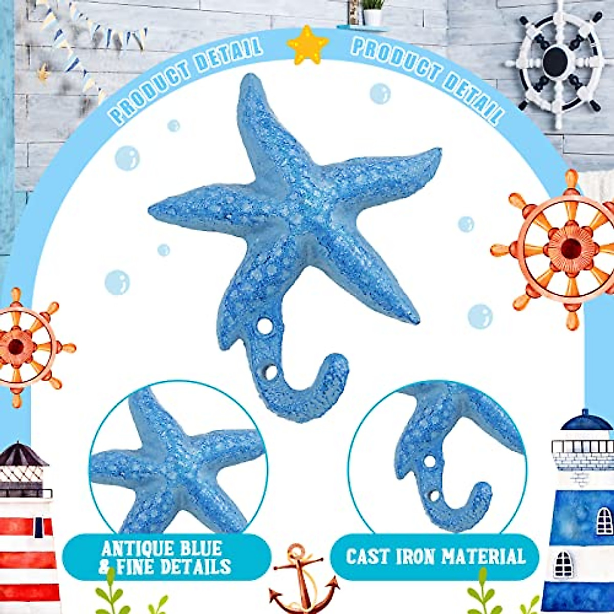 Set of 6 Starfish Cast Iron Wall Hooks Sea Star Decorative Wall Hook Antique Blue Outdoor Towel Hooks Starfish Decorative Coat Hooks for Aprons Hats Keys Bathroom Kitchen