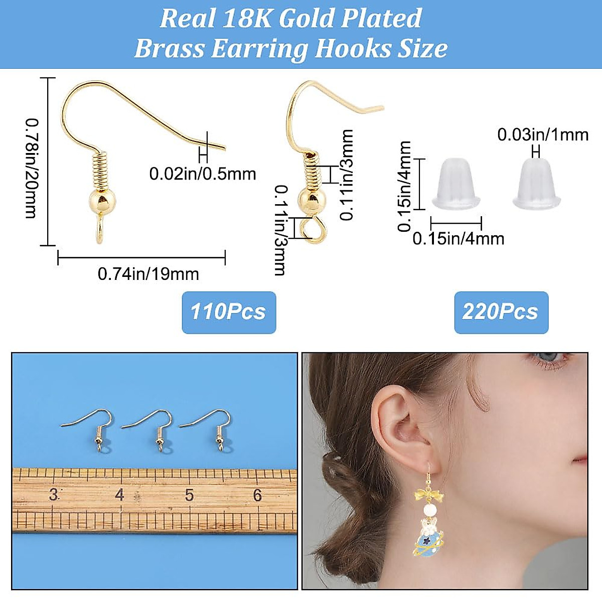 CREATCABIN 110Pcs 18K Gold Plated Earring Hooks Ear Wires Fish Hook Ball End Fish Earring Drop Dangle Coil Wires Connector Earring Findings with 220Pcs Plastic Ear Nuts for DIY Jewelry Making 19x20mm
