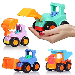 Beestech Toy Cars for 2 3 4 5 Year Old Boys Girls Toddlers, Friction Powered Construction Truck Toys, Pull Back and Go Vehicles with Dumper Road Roller Bulldozer Excavator 4 Pack Gift