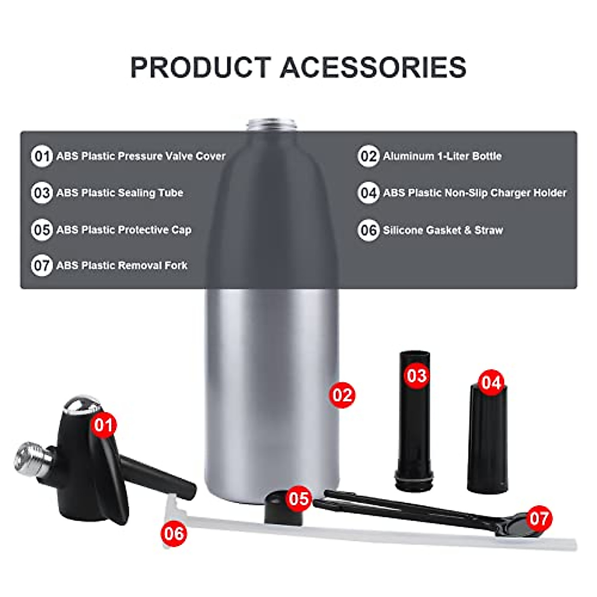 KOUPOURA Soda Siphon, Upgraded 1L Soda Water Siphon Portable Soda Maker Seltzer Water Maker Seltzer Siphon Bottle Kit for Home Bar Club Making Soda Water DIY Soda Drinks (Silver)