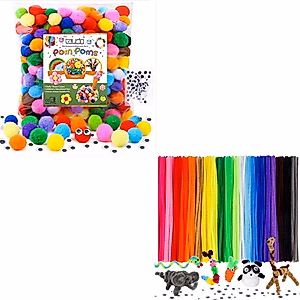 Caydo 300 Pieces 1 Inch Assorted Pompoms with 100 Pieces Wiggle Eyes with 200 PCS Pipe Cleaners with 100 pcs Wiggle Eyes for Art and Crafts, DIY Art Creative Crafts Project Decoration