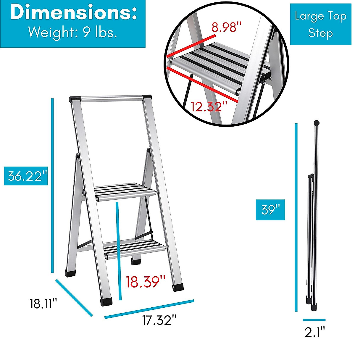 2 Step Ladder | 2 Anti-Slip Steps | Folding Step Stool | 250 lb. Capacity