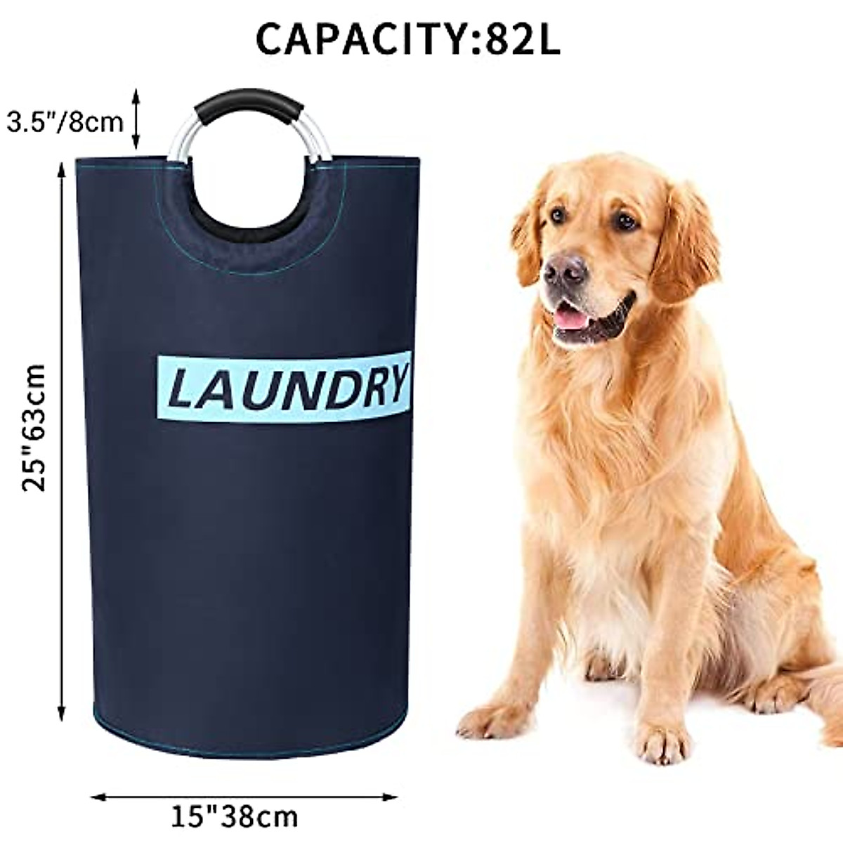 82L Large Laundry Basket Waterproof Laundry Hamper Collapsible Folding Tall Clothes Hamper Foldable Clothes Bag Folding Washing Bin Navy Blue