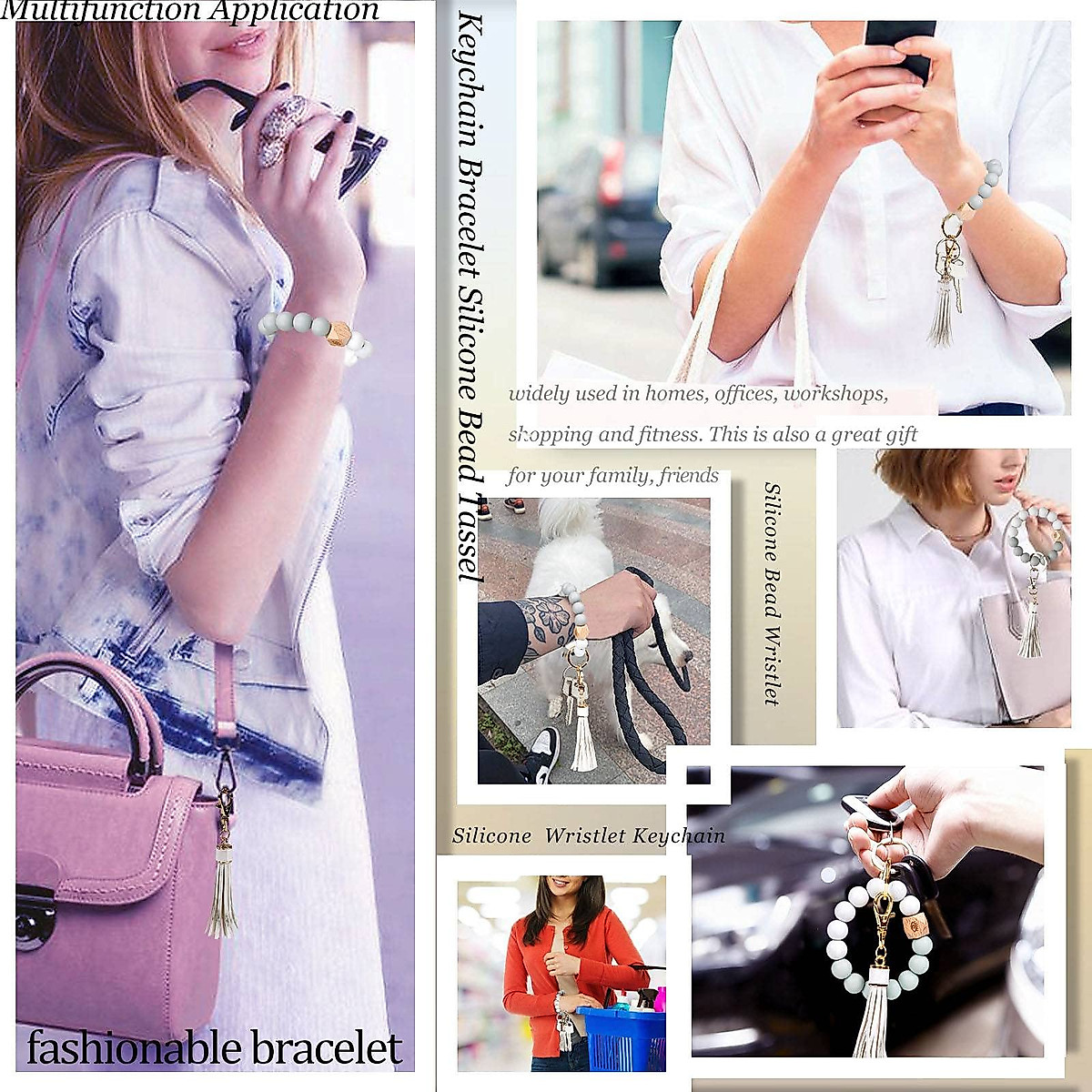 BIHRTC Portable House Car Keys Ring Holder Silicone Bead Bracelet Wristlet Keychain PU Leather Tassel Key Chain Keyring Wrist Band Bangle Car House Keys Ring Holder for Women Girls