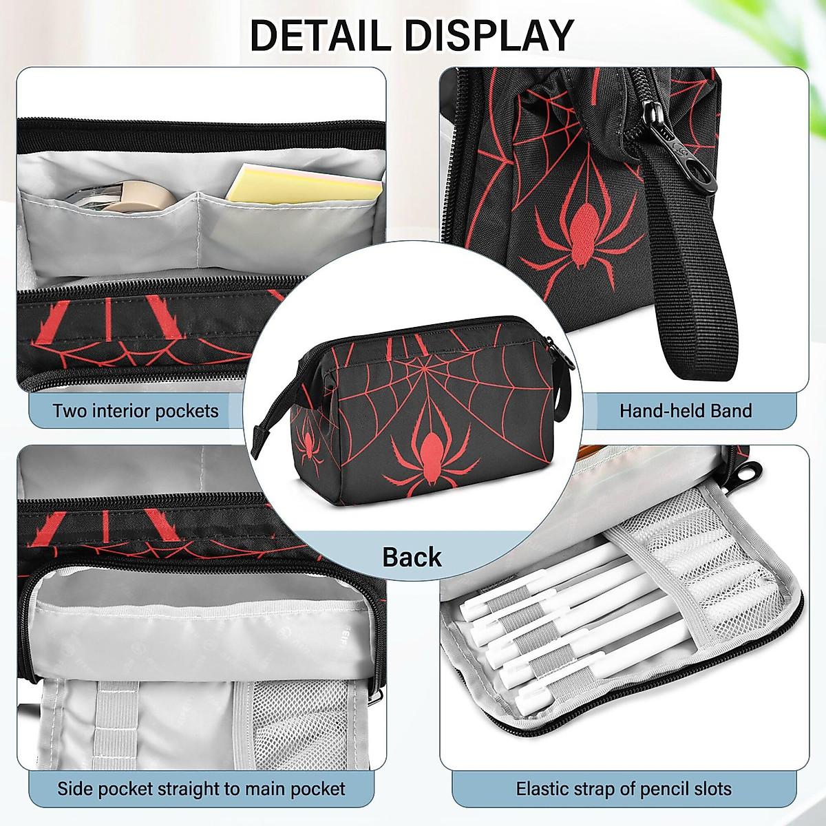 Glaphy Red Spider and Spider Web Halloween Pencil Case Large Capacity Pencil Pouch Bag Zipper Storage Stationery Bag for Office College School