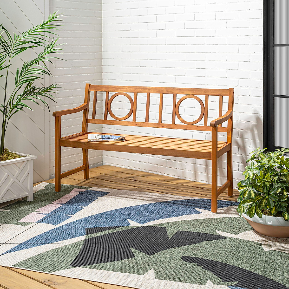 JONATHAN Y BNH104A Apollo 51.2" 3-Seat Circle-Back 600-Lbs Support Acacia Wood Outdoor Garden Patio Bench for Garden, Lawn, Backyard, Pool, Deck, Beach, Firepit, Teak