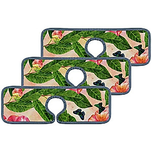 Absorbent Kitchen Faucet Mat 3 Pieces Watercolor Camellia Flowers Faucet Sink Splash Guard Bathroom Counter and RV,Faucet Counter Sink Water Stains Preventer