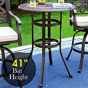 PHI VILLA 32" Cast Aluminum Patio Bar Table, 41" Height High Top Outdoor Table, Pub Height Bistro Round Table for Paito Lawn Garden, Brown