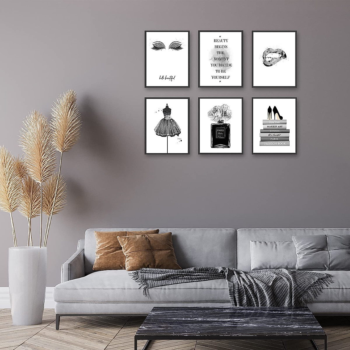 Admmixoo Fashion Wall Decor Girls Room Decor Glam Silver Gray Wall Art Prints Mini Black Skirt, Flower Perfume Bottle, Book, Lips Motto Posters Prints Bedroom Decor (8"x10" UNFRAMED)
