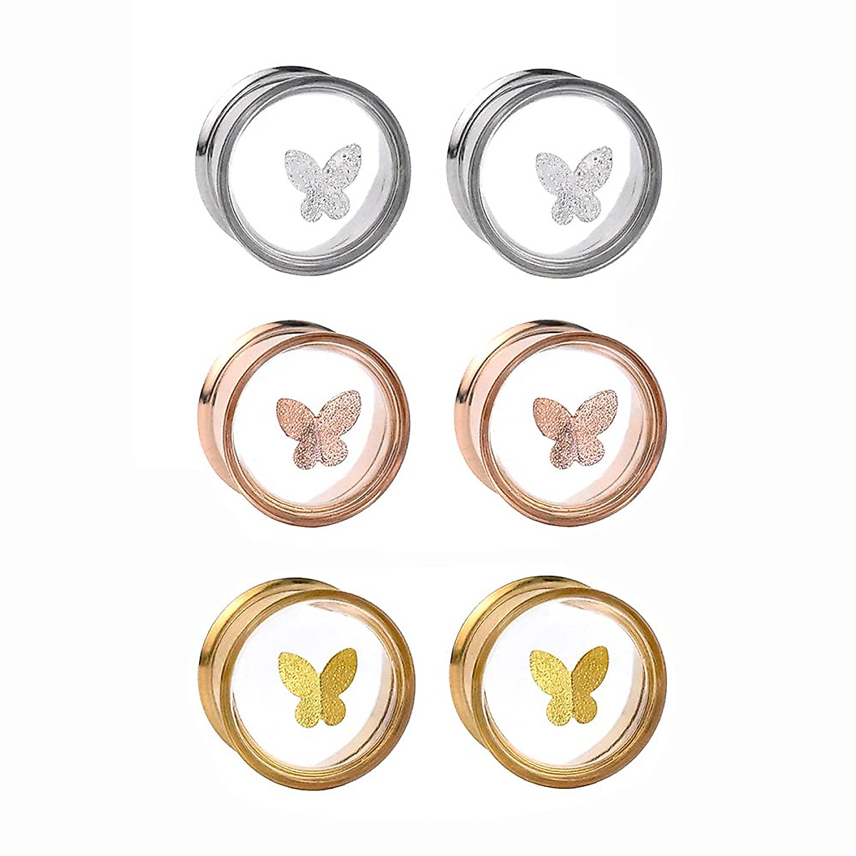 Jboyanpei 6Pcs/3pair Cute Butterfly Ear Gauges Plugs Stretching Kit Tunnels Stainless Steel Screw on Double Flared Expander Size 10mm