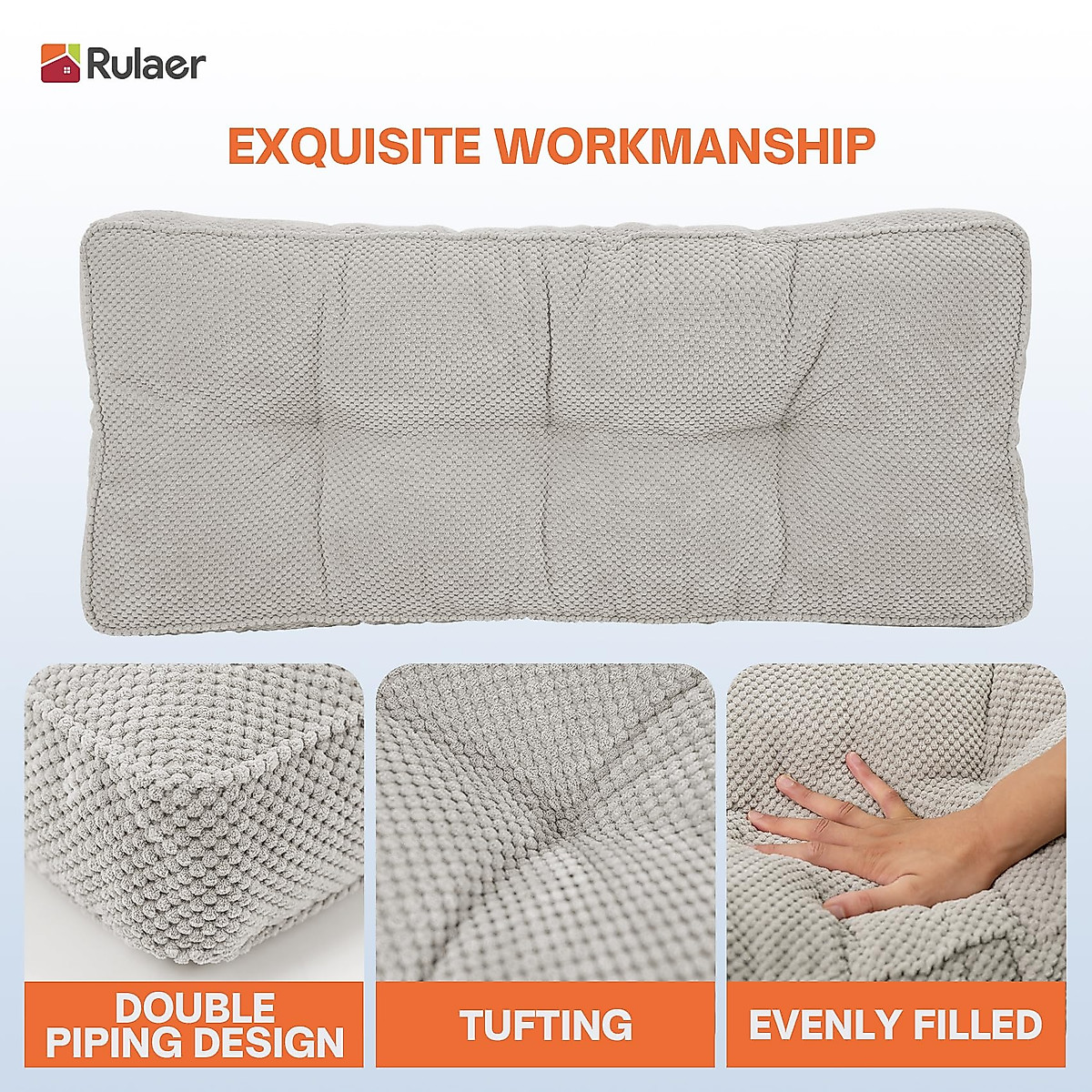 RULAER Tufted Bench Cushion Indoor 42x16x4 inch Extra Thick Soft Bench Cushion Non-Slip Durable Patio Cushions for Outdoor Furniture Double Piping Bench Chair Pad, Gray