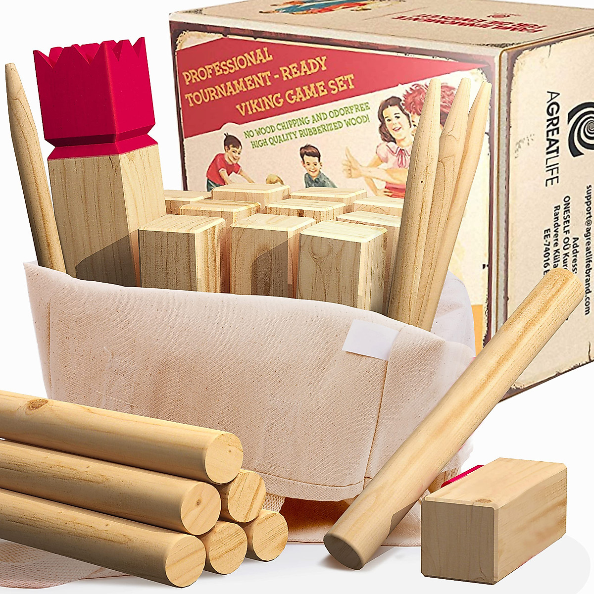 AGREATLIFE Kubb Yard Game Set Made of Rubberwood Viking Chess Pieces - Comes with 2 Extra Pieces and an Extra Large Carrying Bag - Great for Backyard and Camping Games, Family reunions