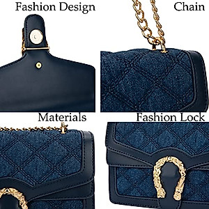 Aiqudou Quilted Crossbody Shoulder Bag for Women - Small Denim Chain Purse Leather Strap Fashion Casual Messenger Purse Bag(Denim Blue)