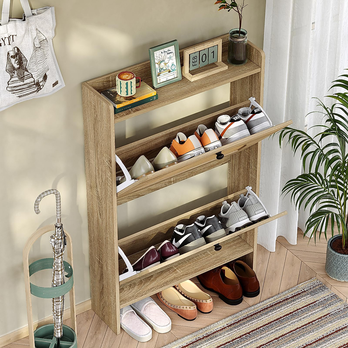 furomate Shoe Rack Storage Cabinet with 2 Natural Semi-Circular Rattan Doors, Entryway Boho Shoe Cabinet for Sneakers, Leather Shoes, High Heels, Slippers, 36.7“ Entryway Furniture