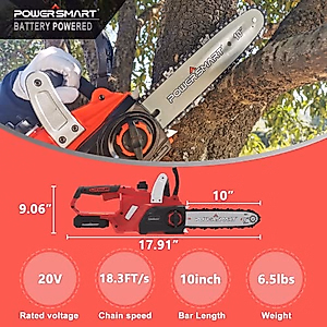 PowerSmart Electric Chainsaw 20V Battery Powered, Cordless Chain Saw With 10 Inch Chain and Bar, 2.0Ah Battery And Fast Charger Included, Power Chainsaw For Trees Wood Farm Garden Ranch Forest Cutting