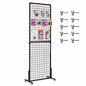 Cathyeen 6' x 2' Wire Grid Panel Wire Wall Grid Display Rack for Craft Shows with T-Base Floorstanding Sturdy Thickened Frame Art Show Display Panels Gridwall Panel Tower with 10 Pcs Hooks