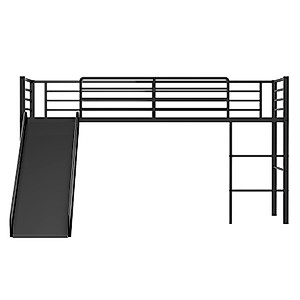 Giantex Twin Loft Bed with Slide, Metal Low Bunk Bed w/Safety Guardrails & Built-in Ladder, Toddler Bed Floor Frame for Boys & Girls, No Box Spring Needed (Black)