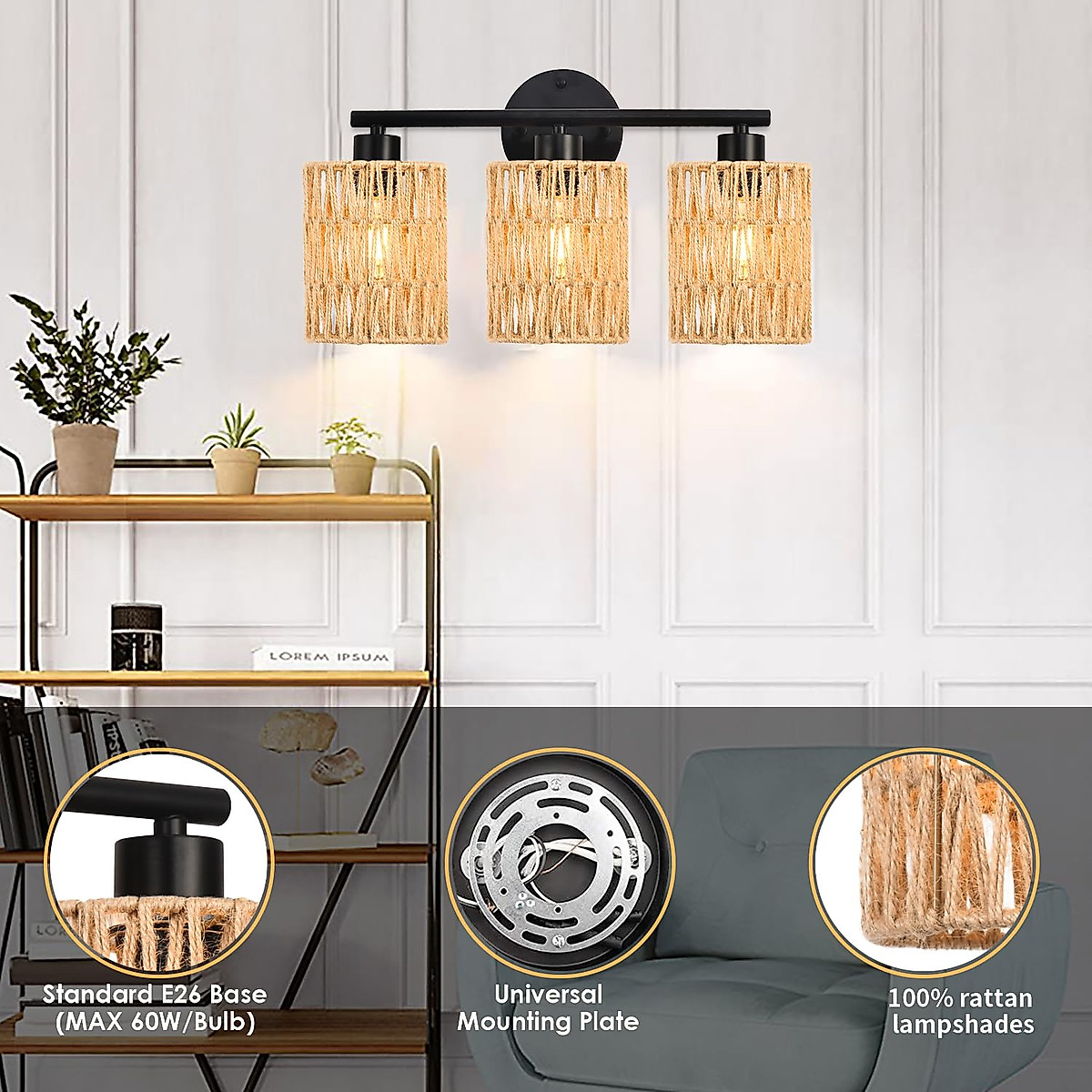 3-Light Black Bathroom Light Fixtures,Modern Rattan Bathroom Vanity Light Over Mirror,Rustic Bath Wall Mount Lights Fixtures with Boho Woven Wicker Lampshade,Farmhouse Wall Sconces Lamp for Bedroom