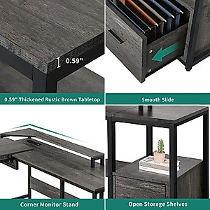 YITAHOME L Shaped Desk with Power Outlets & LED Lights, 65" Large Computer Desk with File Drawer & Lift Top, Height Adjustable Standing Desk with Monitor Stand & Storage Shelves, Grey