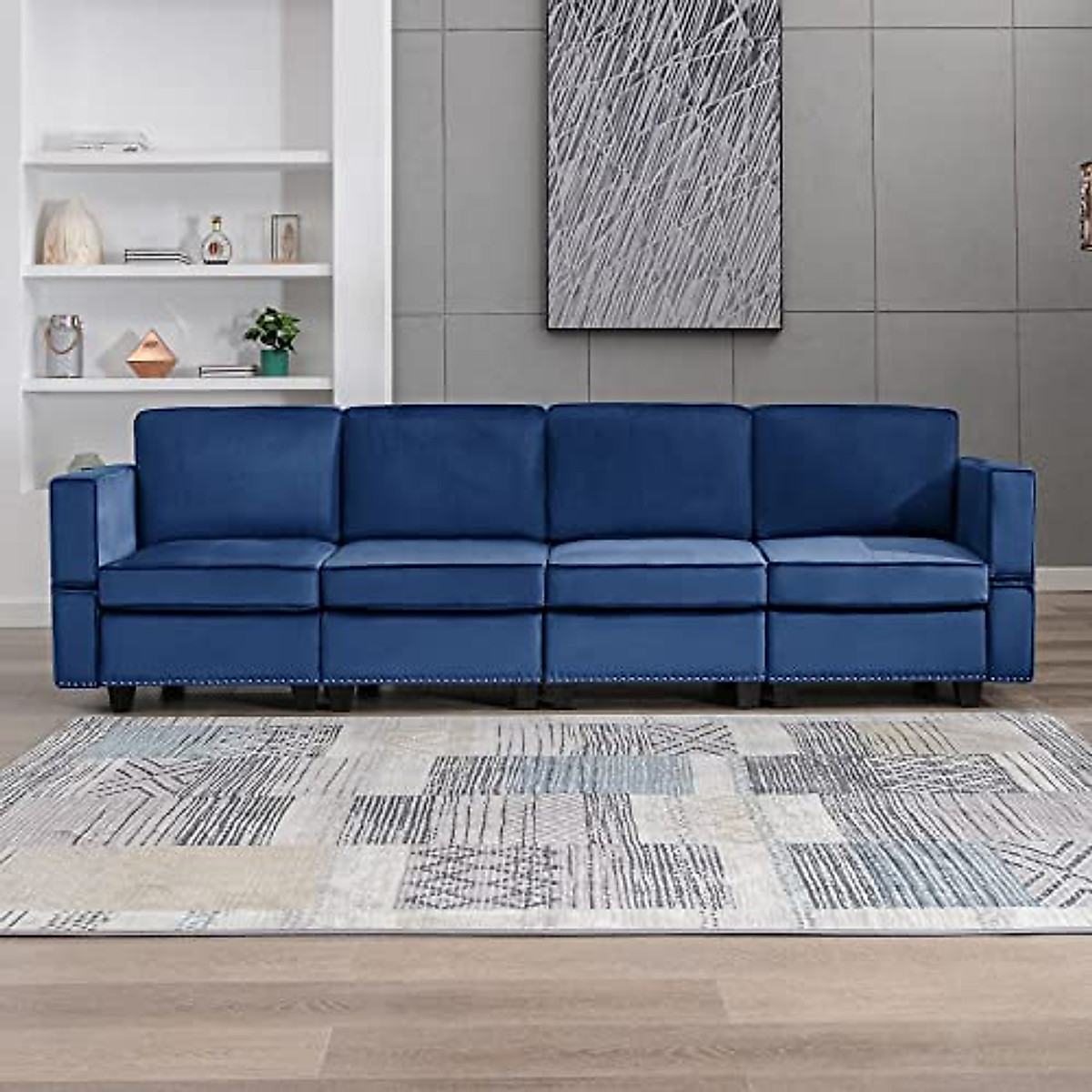 ZAFLY Sectional Sofa, 4 Seat Convertible Modular Blue Couch with Adjustable Backrest and Armrests I Shaped Sleeper Comfy Couches for Living Room