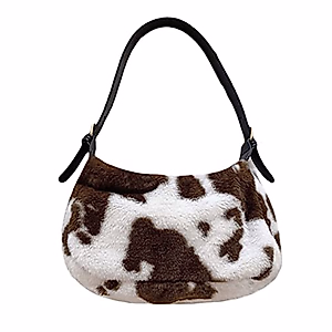 Women Fluffy Faux Fur Cow Print Shoulder Bag Clutch Purse Underarm Handbag Satchel Zipper Tote Bag Purse