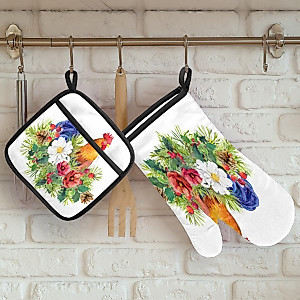 Rooster Bird Oven Mitts and Pot Holders Sets Heat Resistant Non Slip Oven Glove and Insulated Kitchen Counter Mat Suitable for Cooking Baking Grill