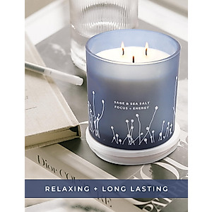 White Sage Sea Salt 3 Wick Candle 14.5 oz | Sage Candles for Cleansing House | Large Soy Candles for Home Scented | Aromatherapy Energy Cleansing Sage Scented Candles for Women & Men