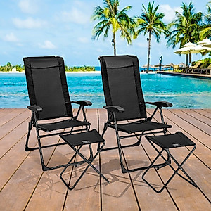 Giantex 4 Pcs Folding Patio Chairs Set 2 Pack Patio Dining Chairs with Footrest Portable Sling Chairs Camping Lawn Chairs with Adjustable Back Outdoor Bistro Chairs for Porch Garden Yard Pool