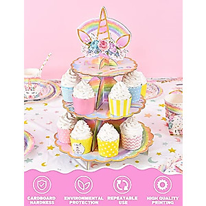 Unicorn Cupcake Stand - Unicorn Birthday Party Decorations for Girls Kids 3-Tier Cardboard Cupcake Stand Dessert Tower Holder Round Serving Tray Stand Unicorn Horn Theme Baby Shower Party Supplies