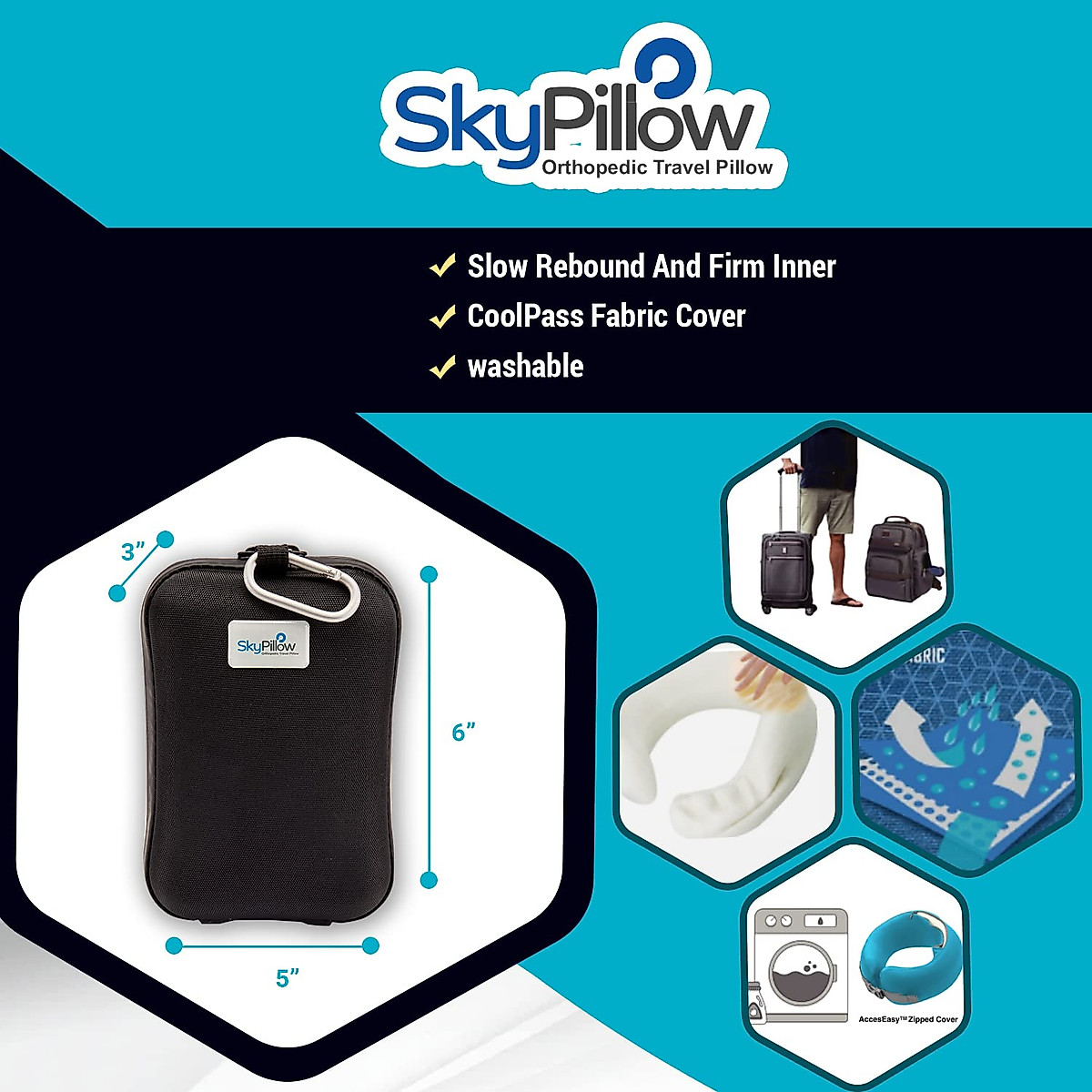 Orthopedic Neck Travel Pillow by Skypillow, Securely Supports Neck to Prevent Neck Cramps and Pain. Patented Memory Foam Pillow, Removable Washable Cover, Includes Carrying Case (Small)