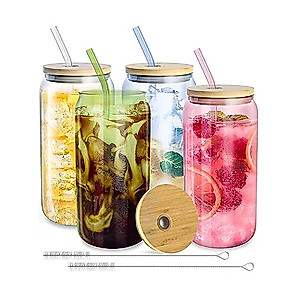 4 Glass Cups With Bamboo Lids and Straws - Drinking Glasses Drinking Set, Glass Coffee Cups, Glass Tumbler With Lid And Straw, Glass Tumbler, Iced Coffee Cups, Glass Coffee Cups With Lids And Straws